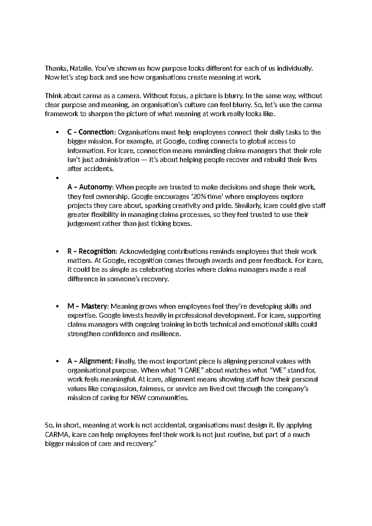 CARMA Framework: Enhancing Meaning at Work for iCare - Studocu