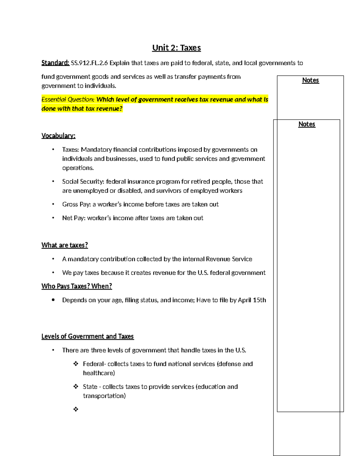 Taxes Guided Notes - Unit 2: Taxes Standard: SS.912.FL.2 Explain that ...