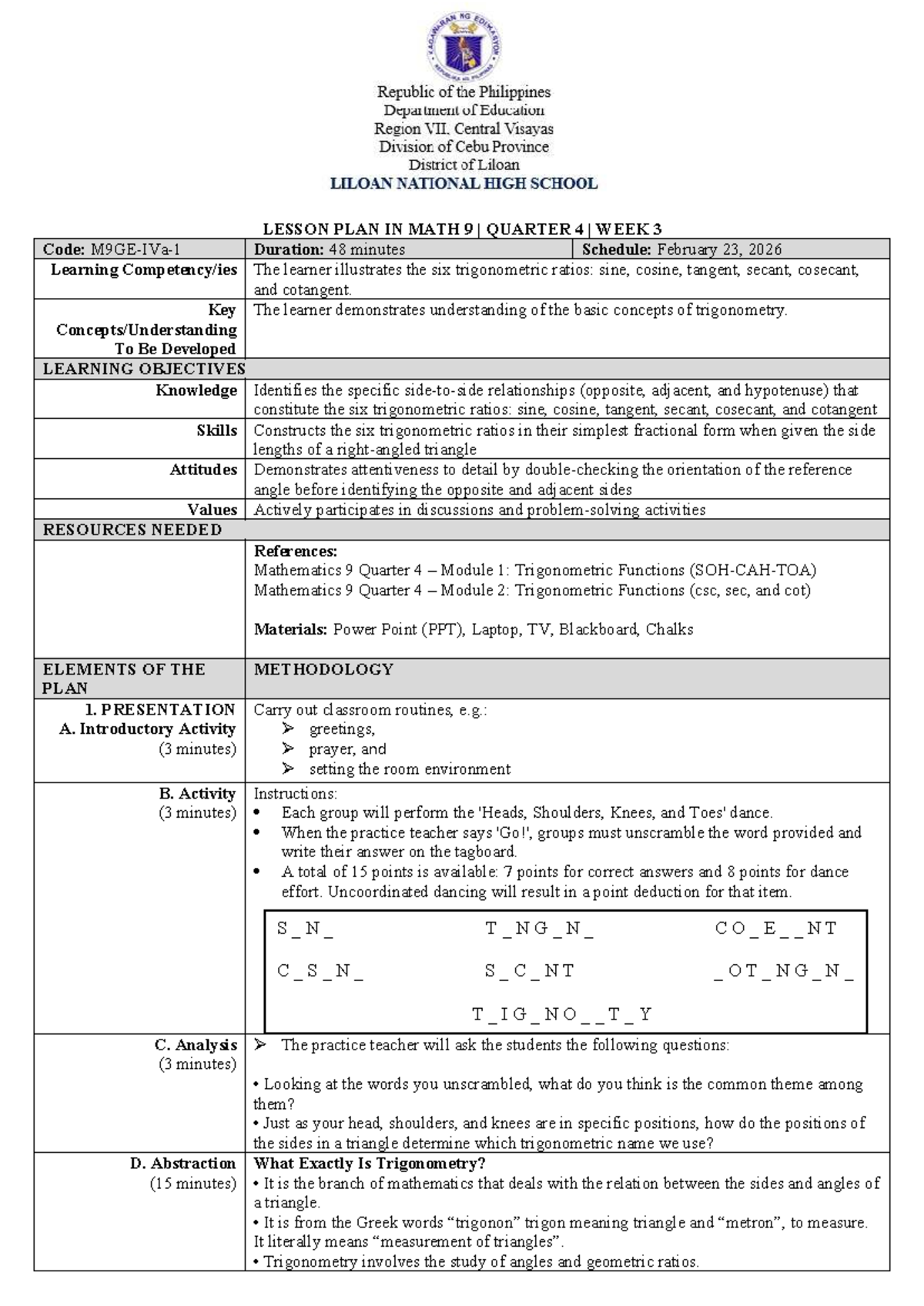 Math 9 Lesson Plan Q4 W3: Exploring Trigonometric Ratios - Studocu