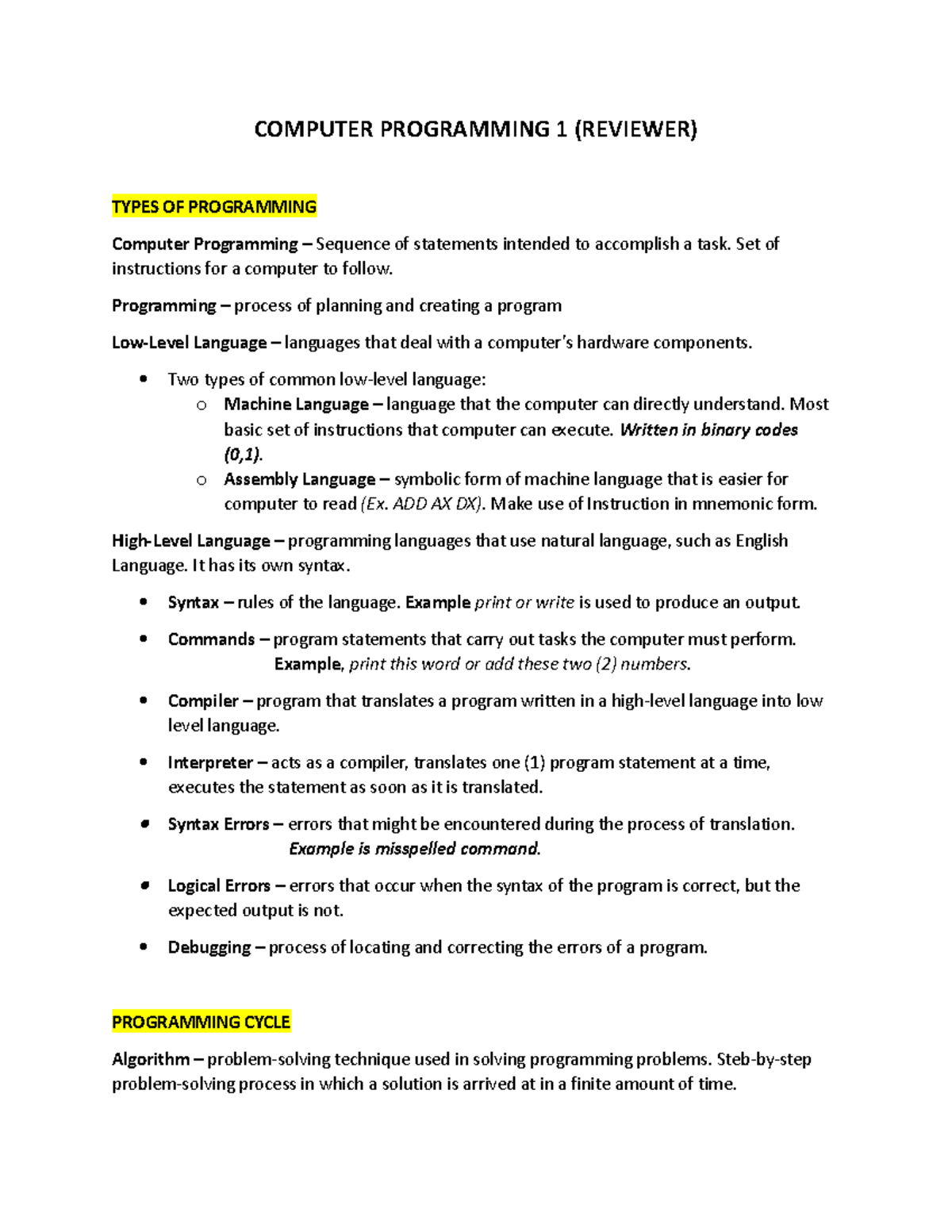 Computer Programming 1 (CP1) Final Exam Reviewer: Concepts and Techniques - Studocu