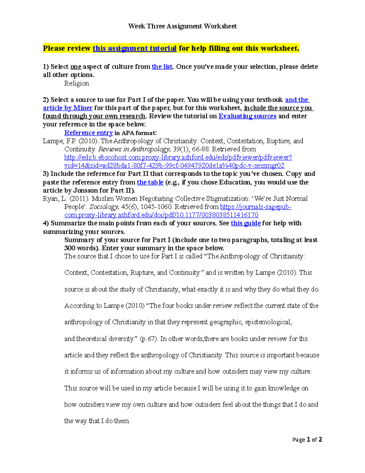 Week 3 - Assignment - Week Three Assignment Worksheet Please review ...