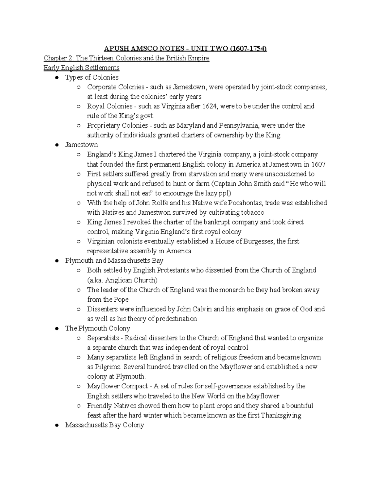 APUSH Amsco Notes - Unit 2: Early Colonies & Societal Developments ...