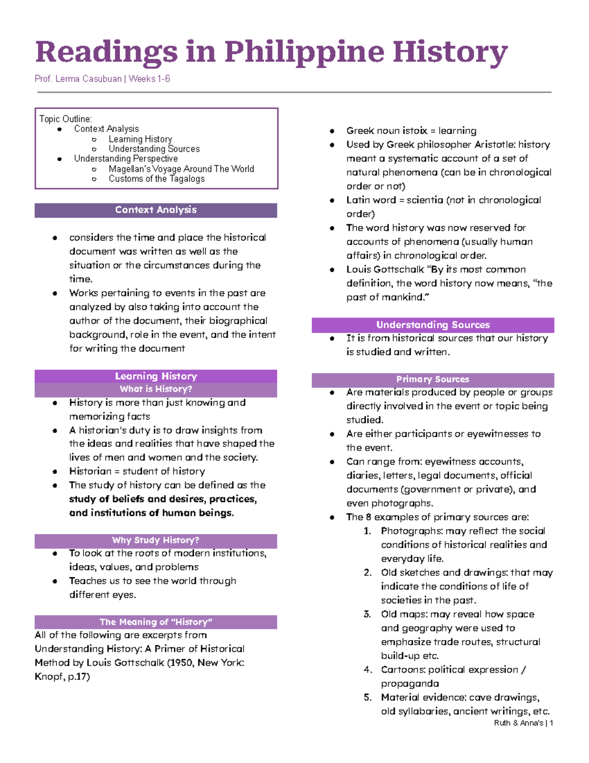 RPH Prelim Reviewer - History - Readings in Philippine History Prof. Lerma Casubuan | Weeks 1 ...