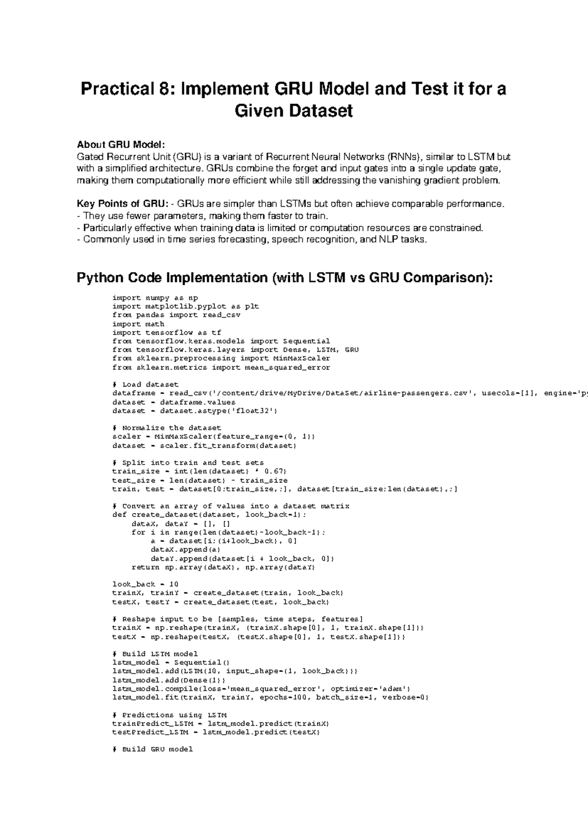 Practical 8: Implementing and Testing GRU Model on Dataset - Studocu
