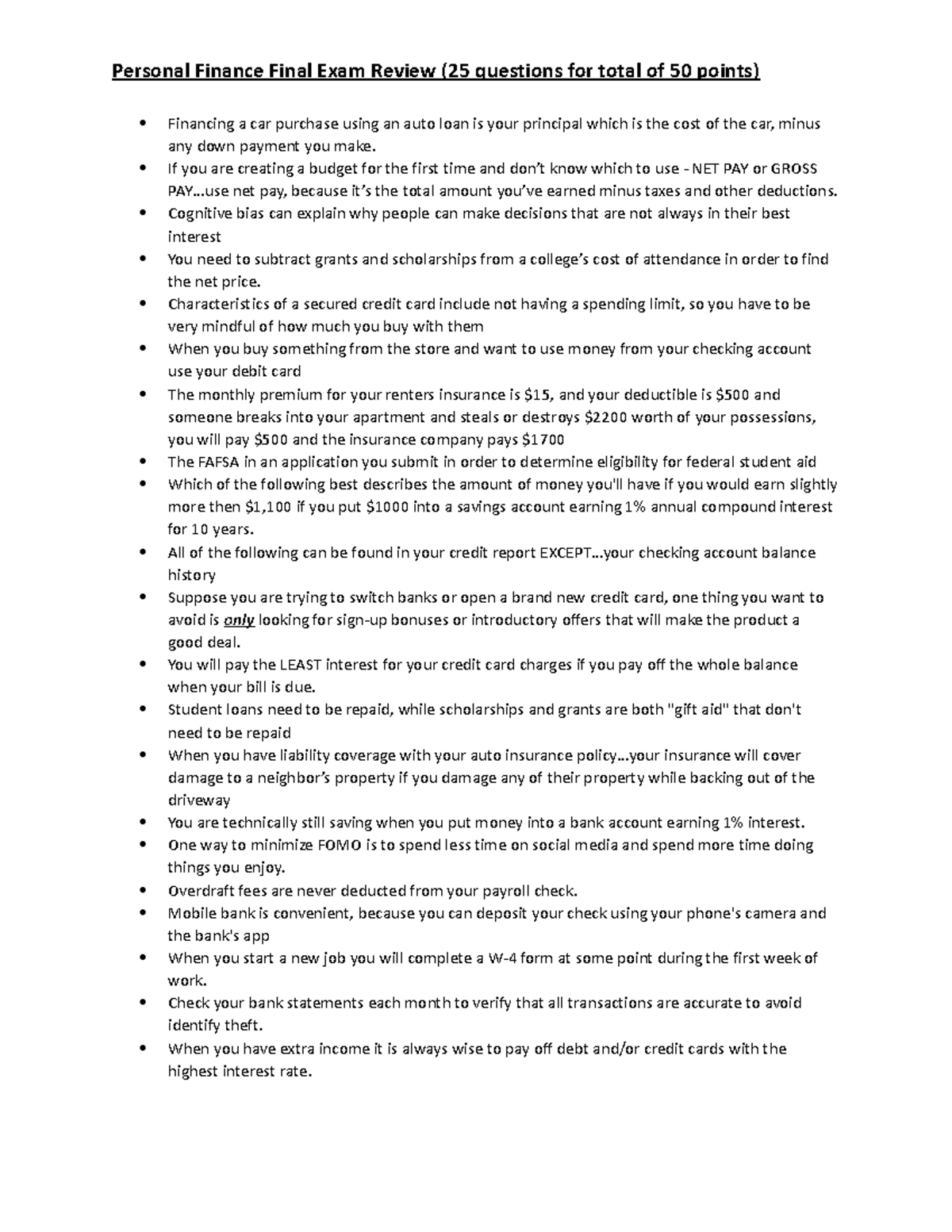 Personal Finance FIN EXAM 22-23 Comprehensive Review Guide - Studocu