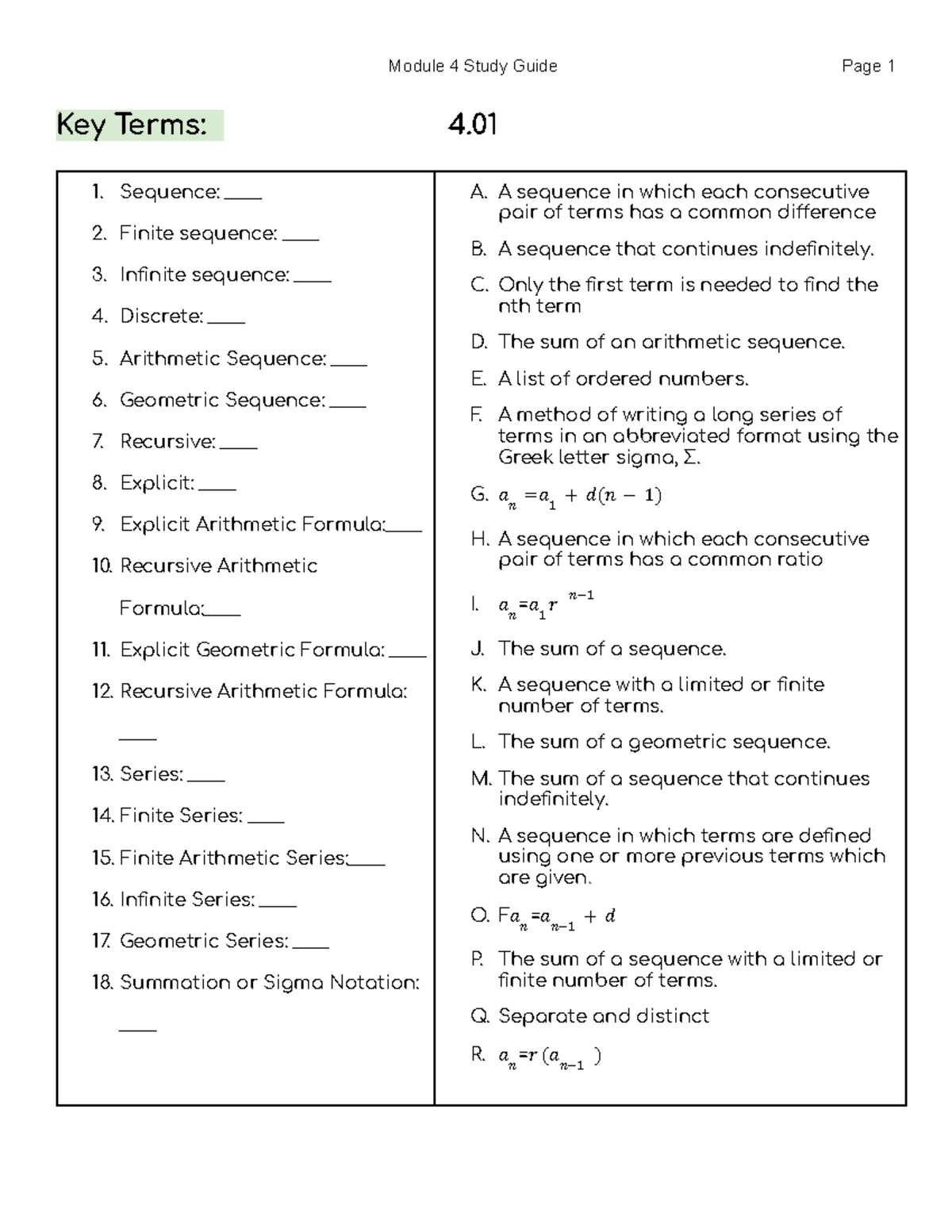 Study Guide -Module 4 - Sequences and Series - Module 4 Study Guide Page 1 Key Terms: 4 ...