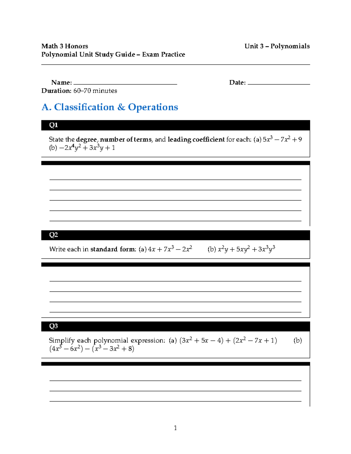Math 3 Honors - Unit 3 Polynomials Study Guide & Exam Practice - Studocu