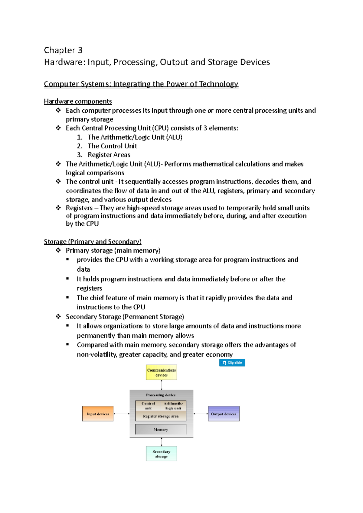 Computer Hardware Overview: Input, Processing, Output & Storage (CS101) - Studocu