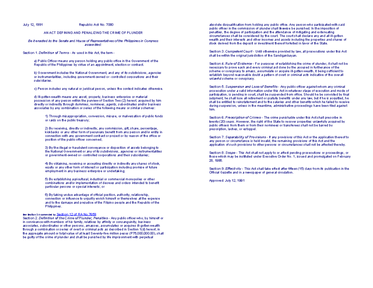 RA 7080 - Defining and Penalizing the Crime of Plunder - Studocu