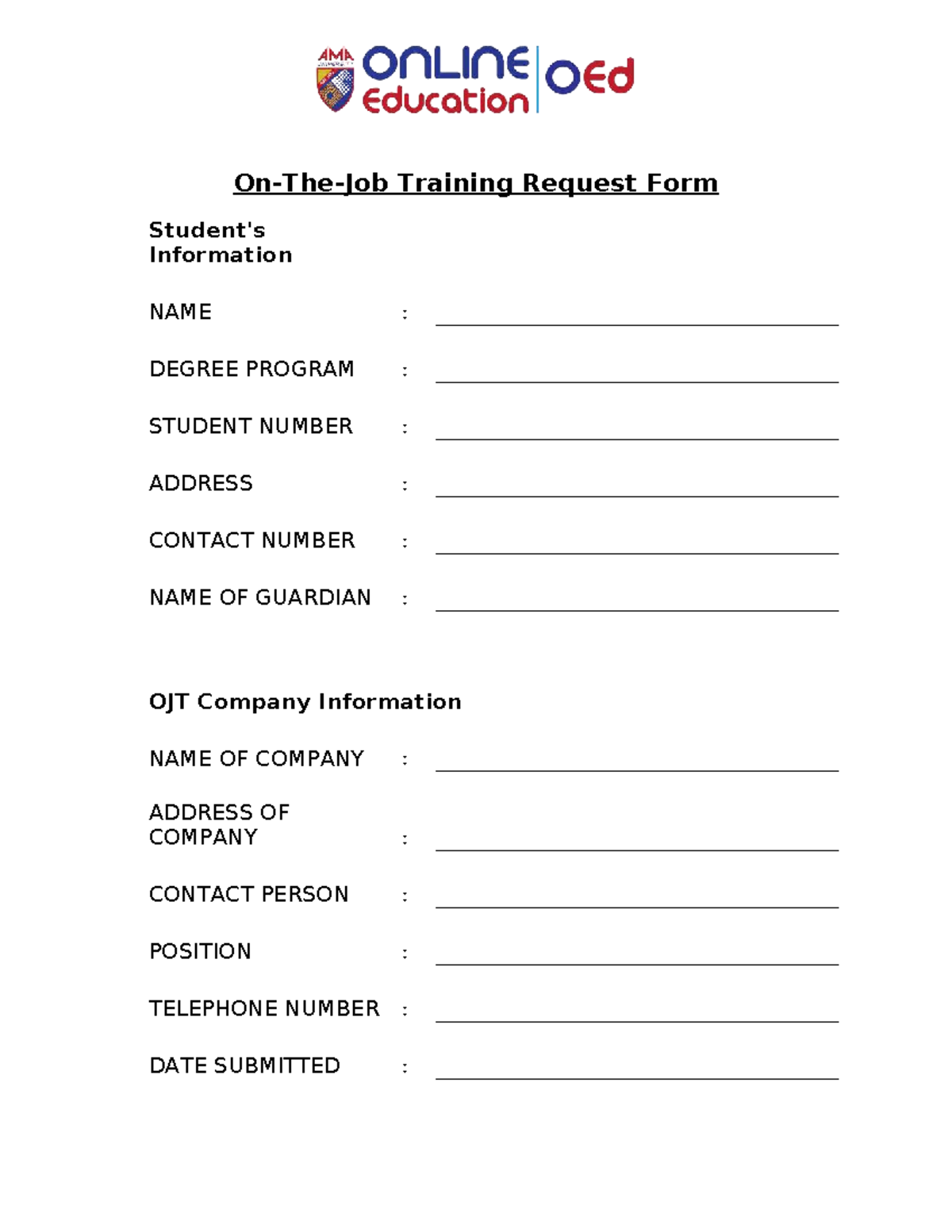 002 - OJT Request Form - Bachelor of Secondary Education - English - On-The-Job Training Request ...