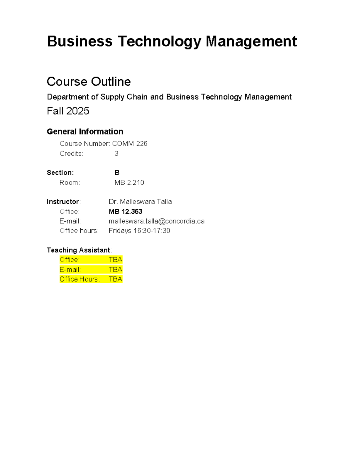 COMM 226 Business Technology Management Course Outline - Fall 2025 ...