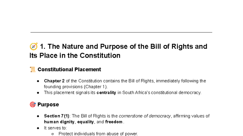 Topic 1 Con BOR - 🧭 1. The Nature and Purpose of the Bill of Rights and Its Place in the - Studocu