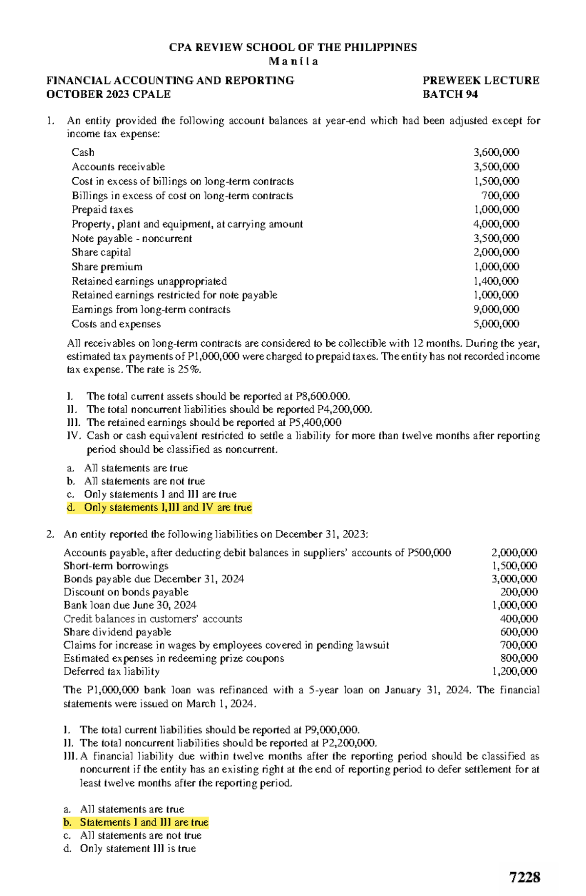 7228 - FAR preweek lecture problem set for October 2023 - Studocu