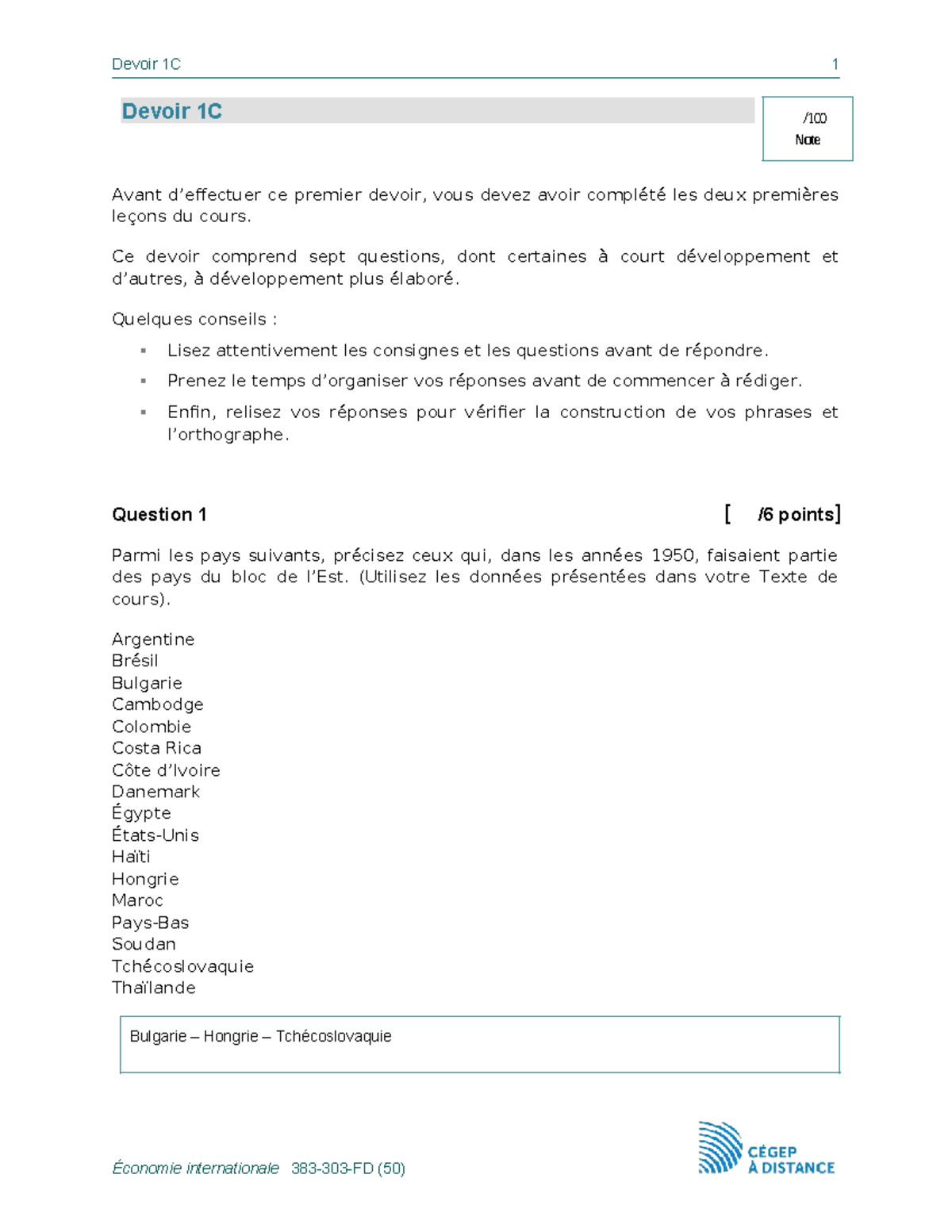 Devoir 1C - Économie Internationale : Questions et Réponses - Studocu