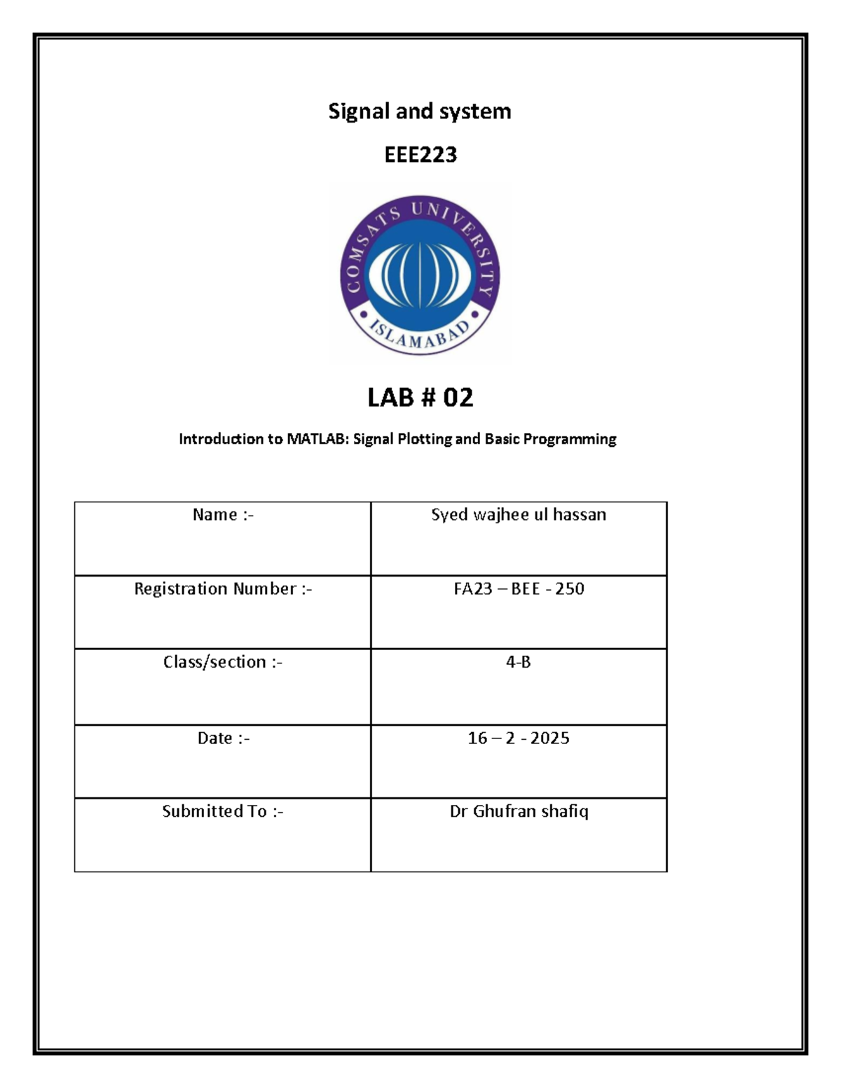 Lab 02 - MATLAB Signal Plotting & Programming Report FA23 BEE - Studocu