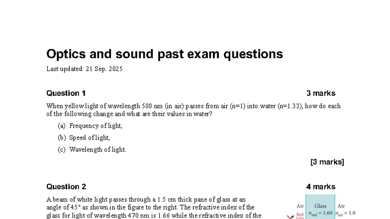 Exam Questions - Optics and Sound (PHYS 101) - Studocu