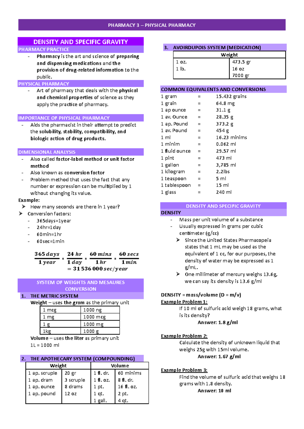 PHARM 3: Density and Specific Gravity in Physical Pharmacy - Studocu