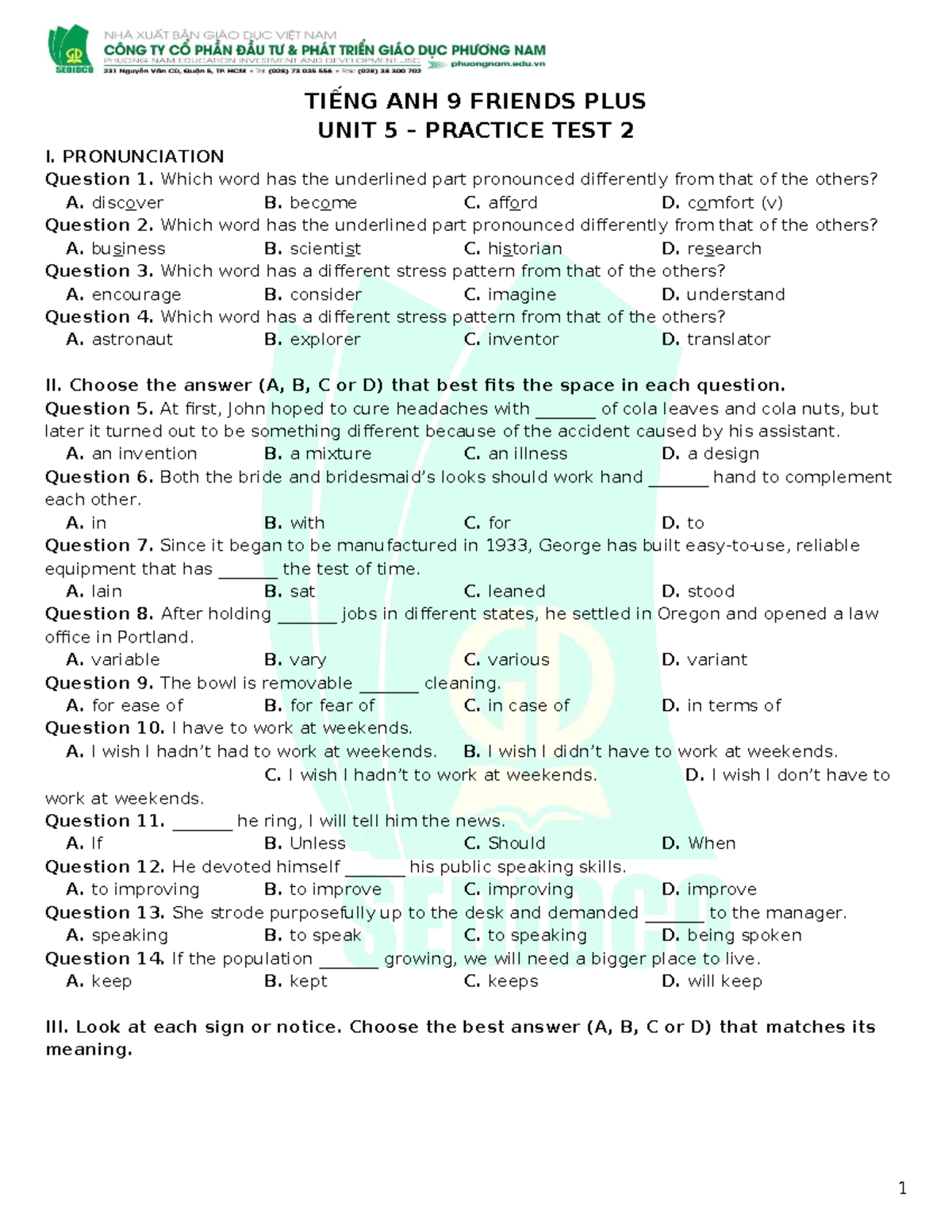 TIẾNG ANH 9 FRIENDS PLUS UNIT 5 PRACTICE TEST 2 - Studocu