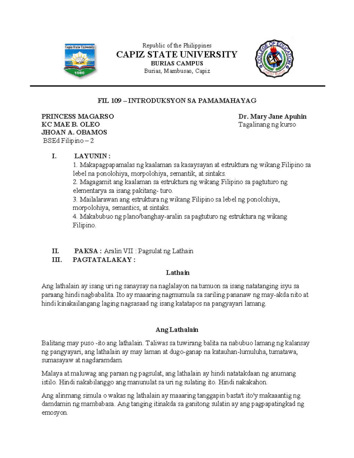 Pagsulat ng Lathain - Republic of the Philippines CAPIZ STATE ...