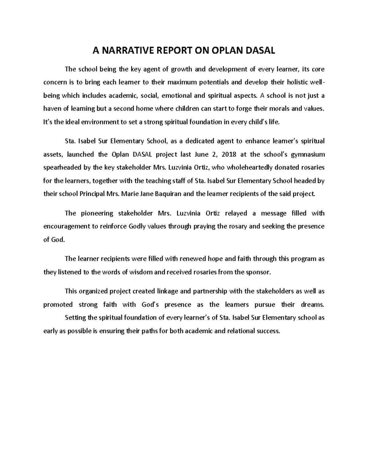 Narrative Report on Oplan Dasal - A NARRATIVE REPORT ON OPLAN DASAL The ...