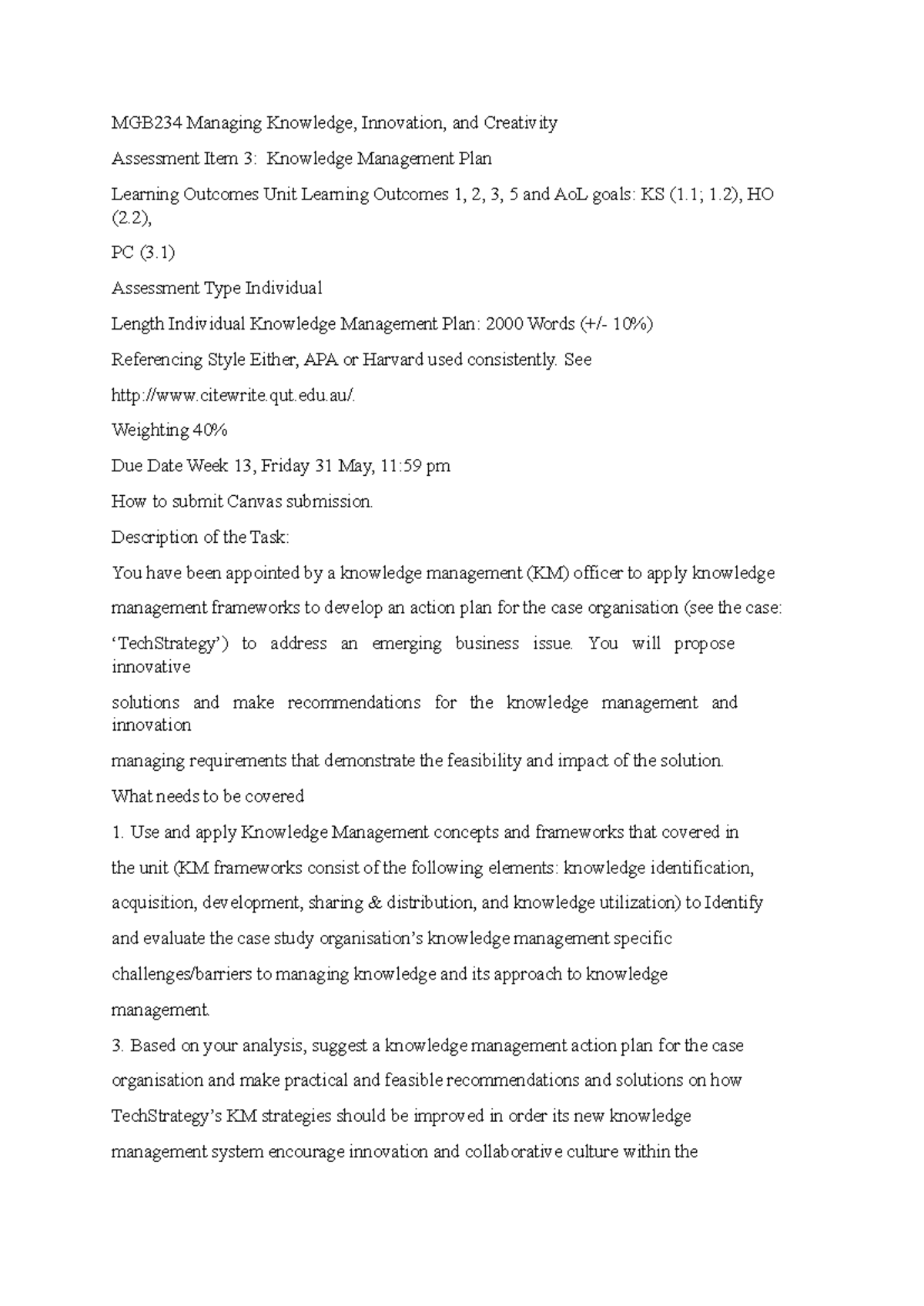 MGB234 Knowledge Management Plan: Strategies for Innovation and Collaboration - Studocu