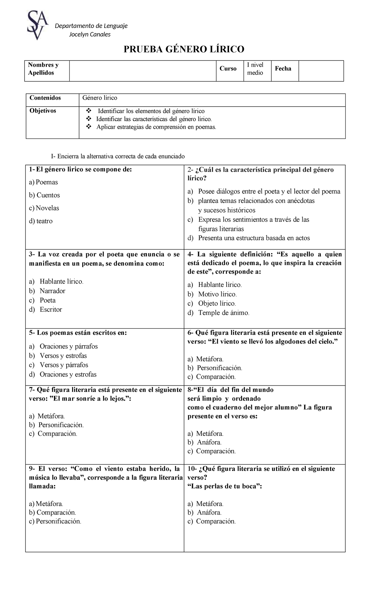 Prueba de Género Lírico - Departamento de Lenguaje I Nivel Medio - Studocu