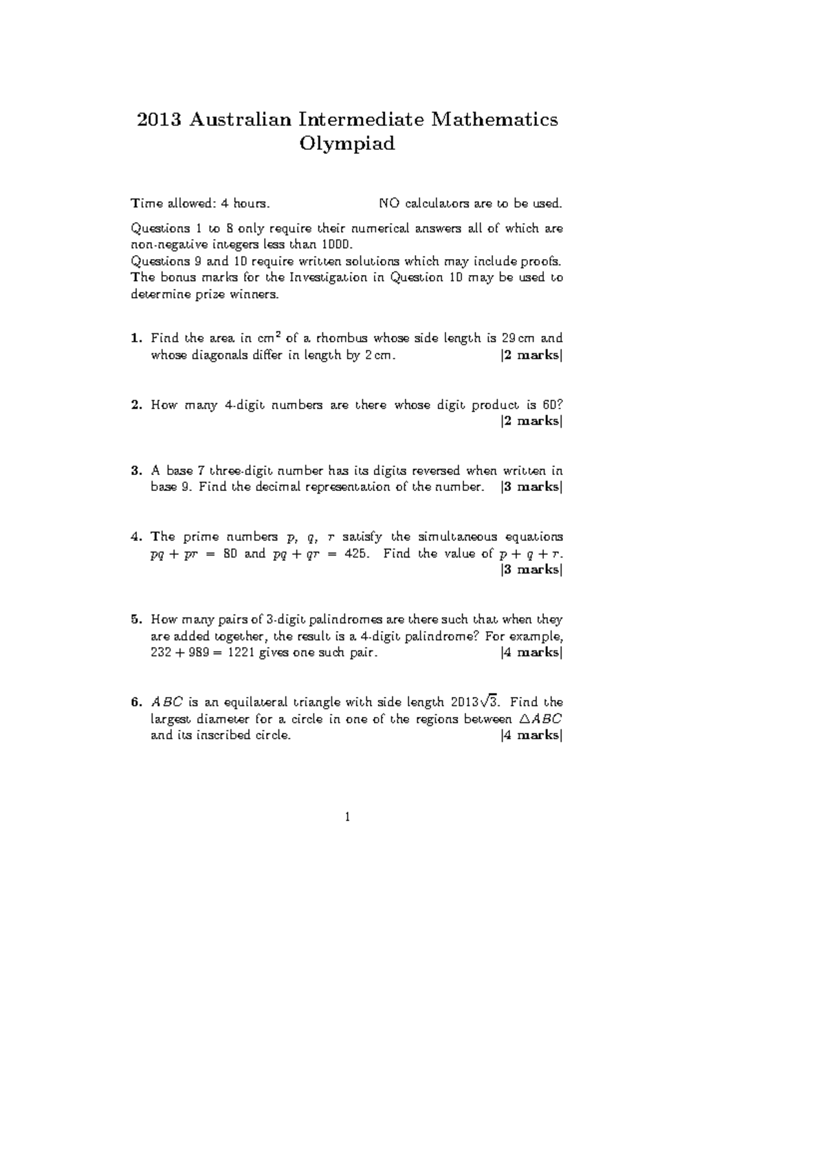 AIMO 2013 Intermediate Mathematics Olympiad Sample Paper 1 - Studocu