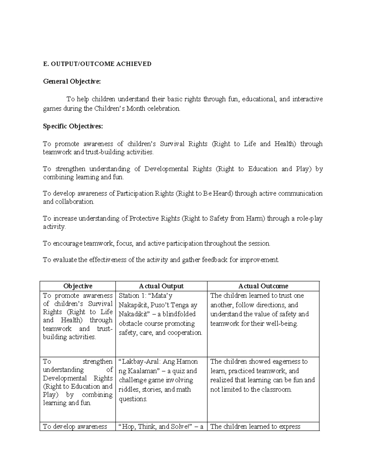 E. ACHIEVED Objectives: Promoting Children's Rights through Fun ...