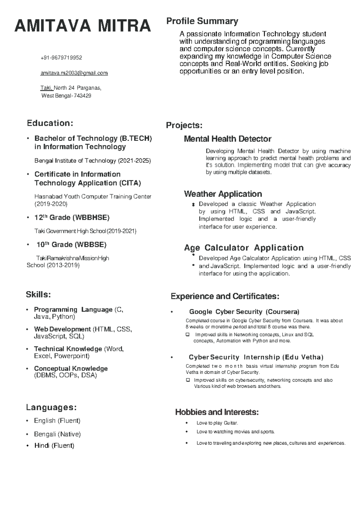 Amitava Mitra: Professional CV & Resume - B.Tech IT Student - Studocu