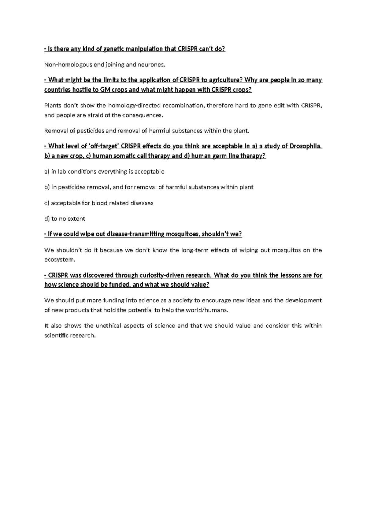 Fo S Tutorial Questions on CRISPR Applications and Ethics - Studocu