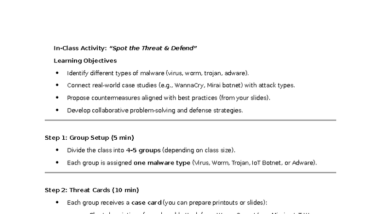 Malware In-Class Activity: Types, Cases & Countermeasures - Studocu