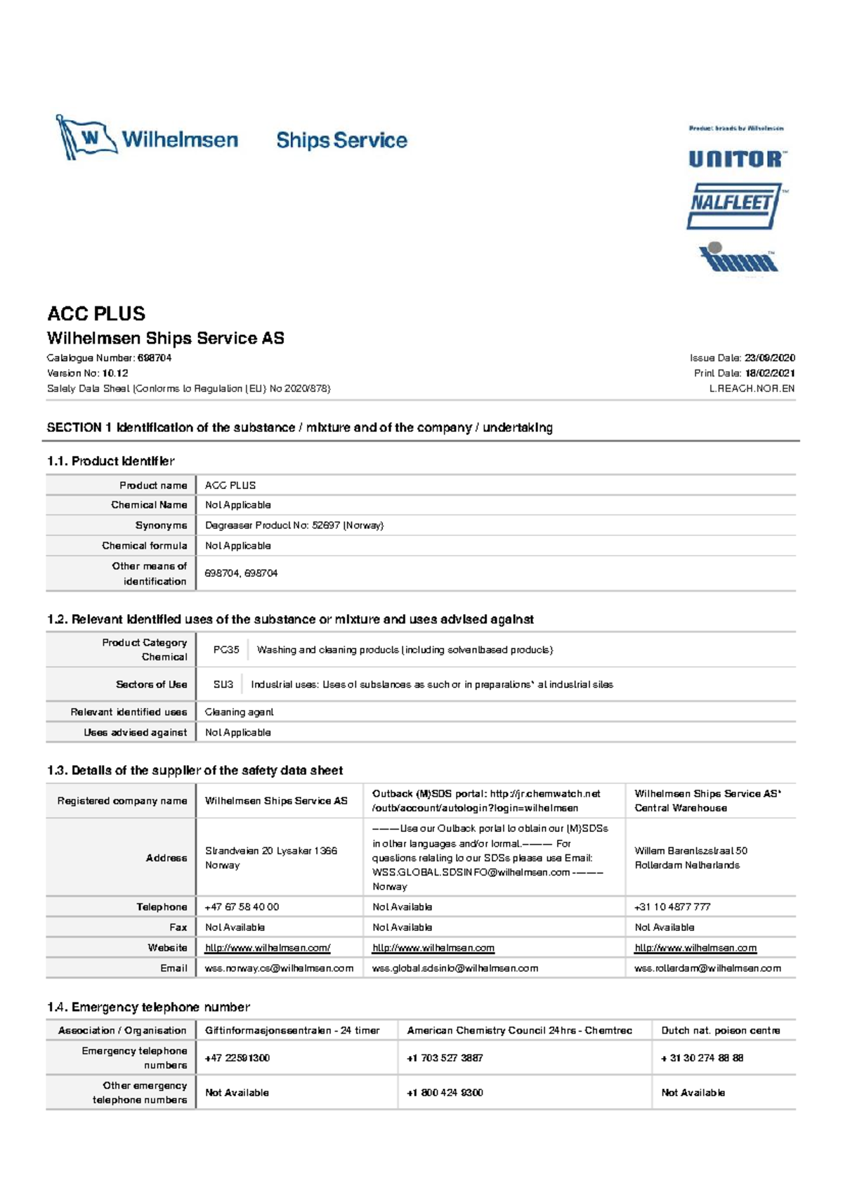 ACC PLUS (698704) Safety Data Sheet - Version 10.12 - Studocu