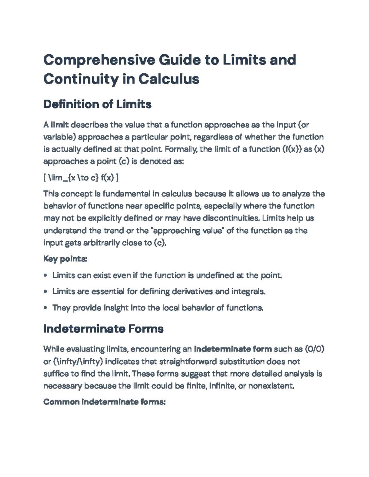 Comprehensive Overview of Limits and Continuity in Calculus (CALC 101) - Studocu