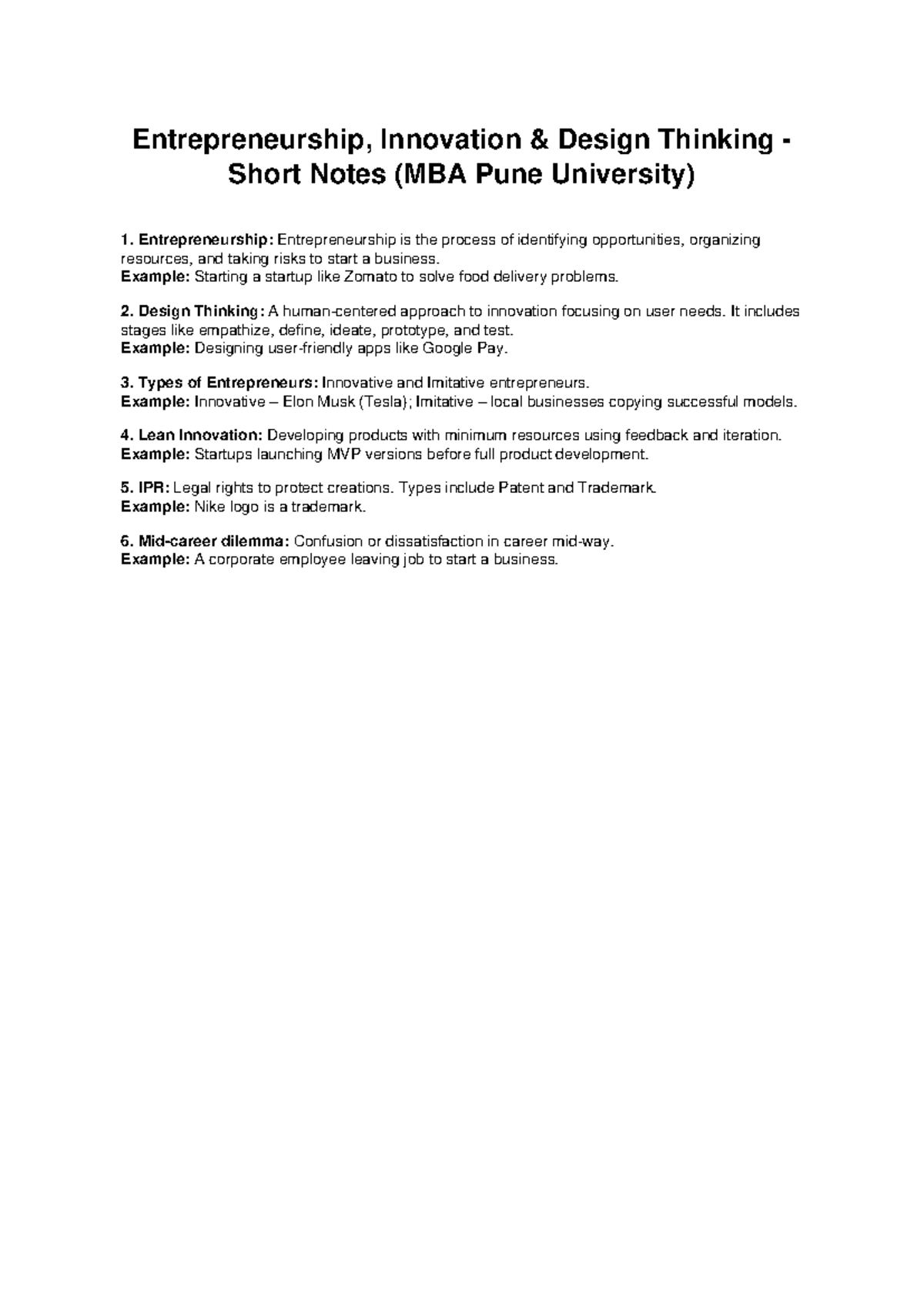 Entrepreneurship & Innovation Design Thinking Notes (MBA Pune) - Studocu