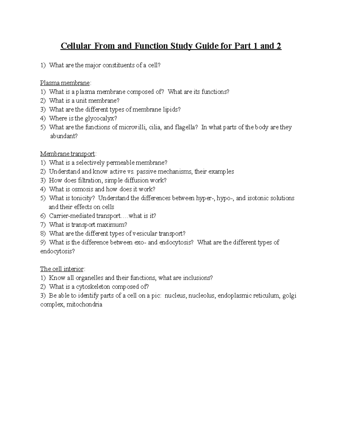 Cellular Form and Function Study Guide (Part 1 & 2) - Studocu