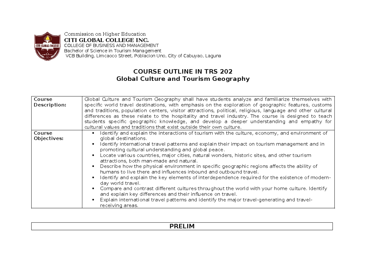Course Outline for TRS 202: Global Culture & Tourism Geography - Studocu