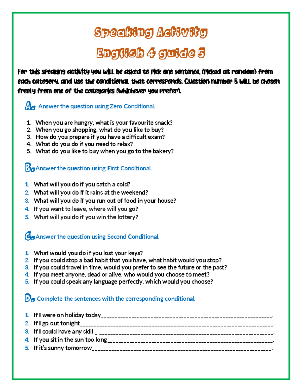 Speaking Production English 4 Conditionals - Speaking Activity English ...