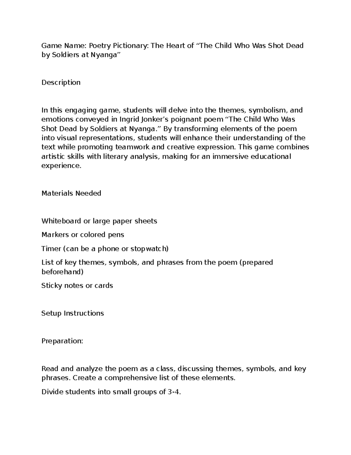 Poetry Pictionary Game: Exploring "Child Who Was Shot Dead" Themes ...