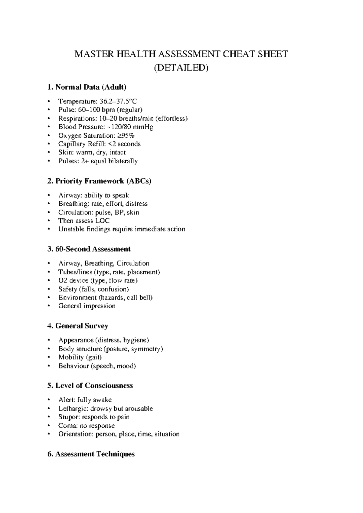 TNR12 Master Health Assessment Cheat Sheet: Key Points & Techniques ...
