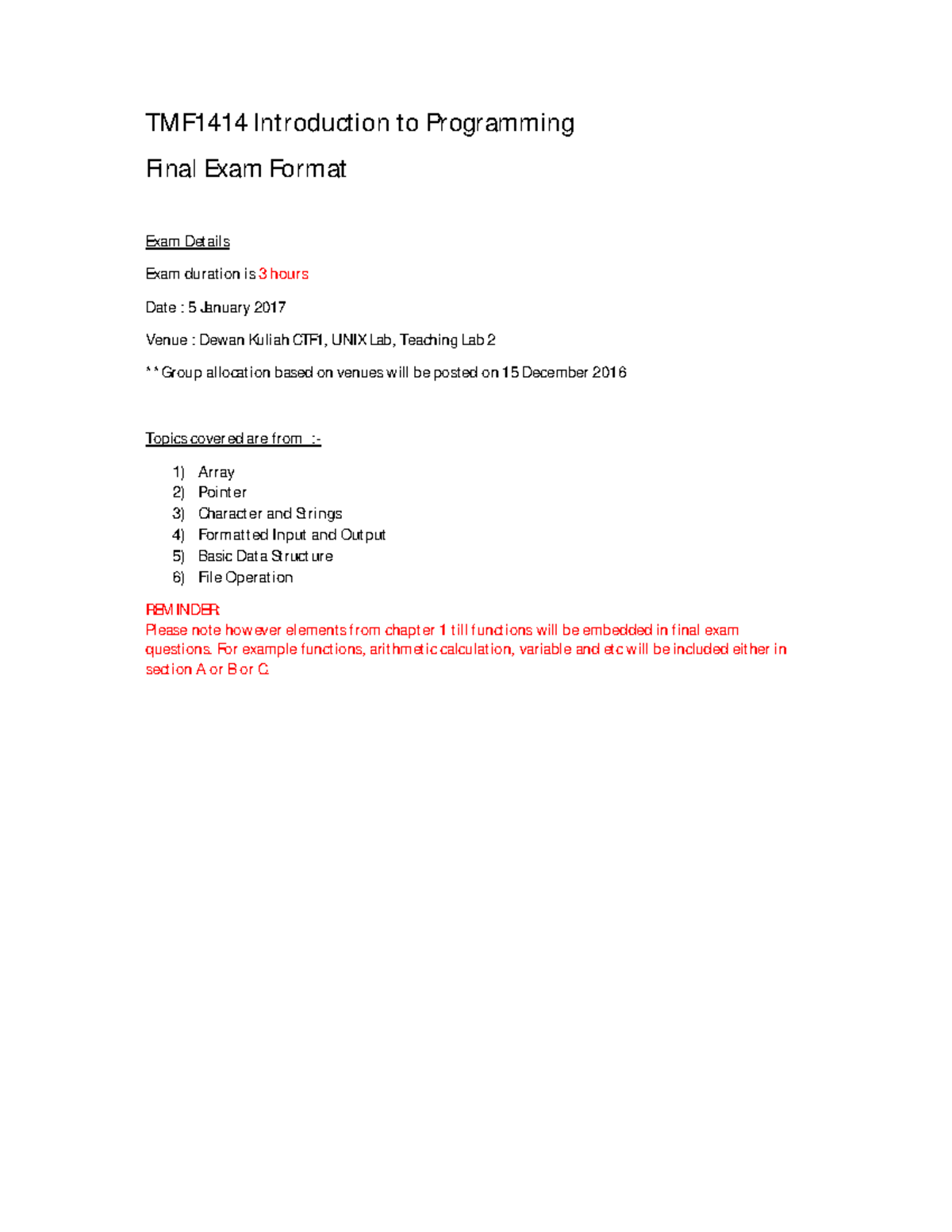 Final Exam January 2017, questions and answers - TMF1414 Introduction ...