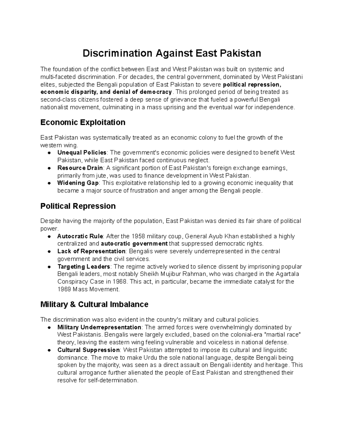 Discrimination Against East Pakistan: Causes and Consequences - Studocu