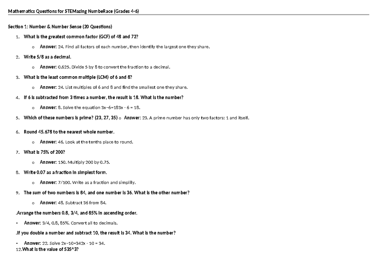 STEMazing Math Questions for Grades 1: Number Sense & Geometry - Studocu