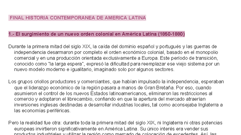 FINAL HISTORIA CONTEMPORANEA DE AMERICA LATINA: Un Nuevo Orden Colonial ...