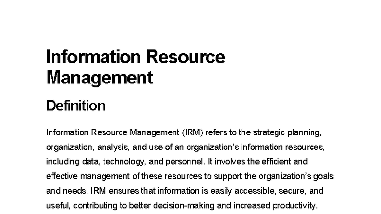 Information Resource Management (IRM) Overview and Importance - Studocu