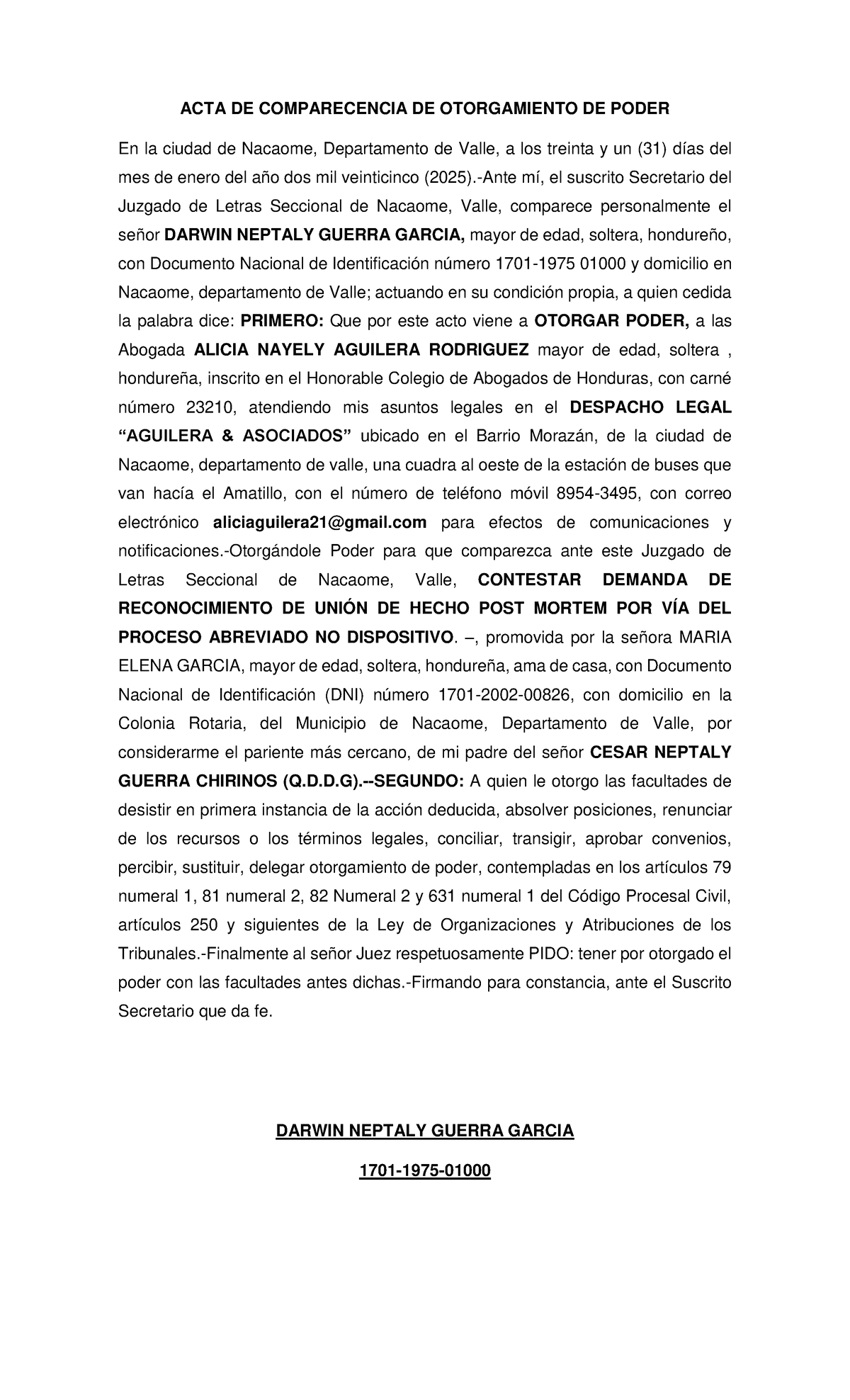 ACTA DE OTORGAMIENTO DE PODER - PRACTICA CIVIL - Studocu