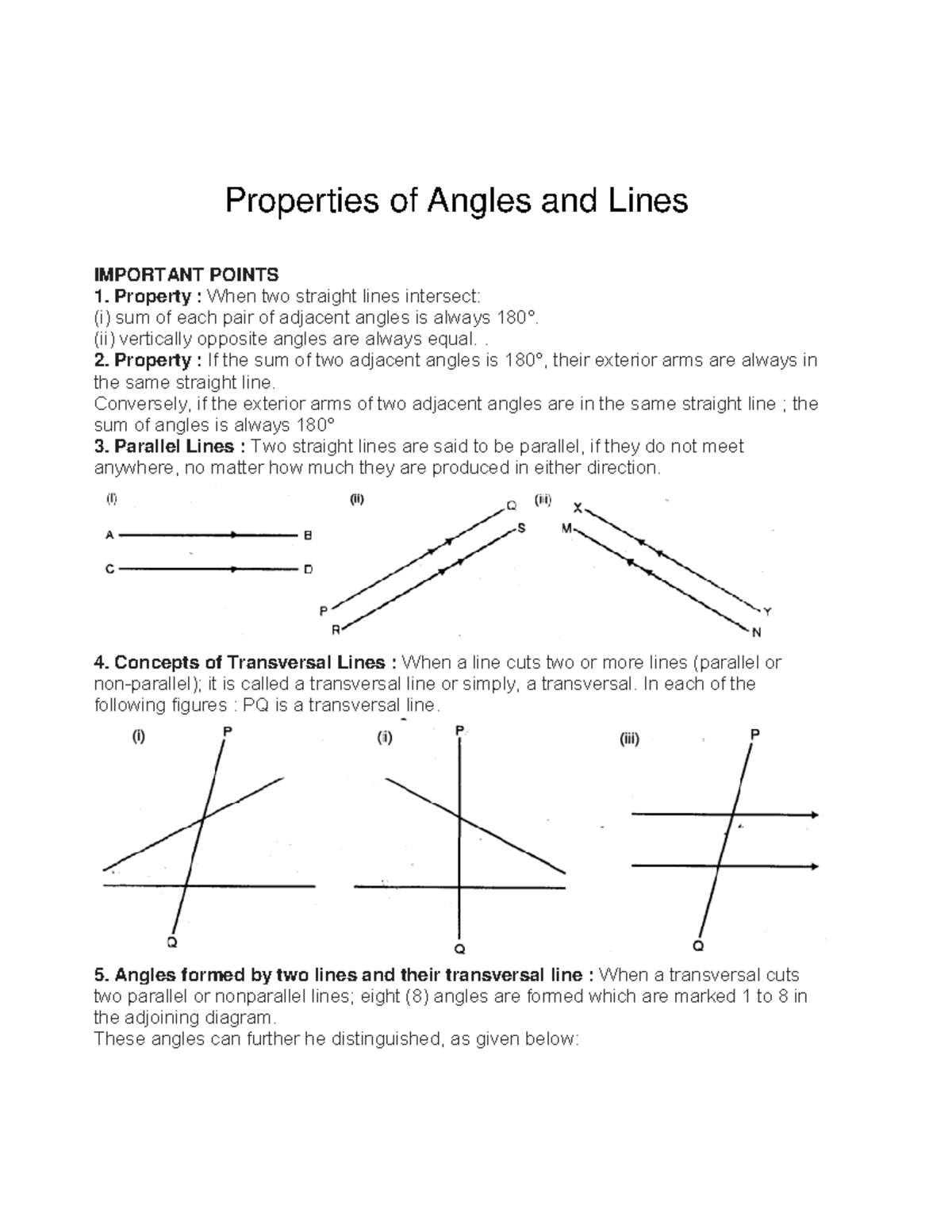 Properties of Angles and Lines - ncertbooksolutions IMPORTANT POINTS ...