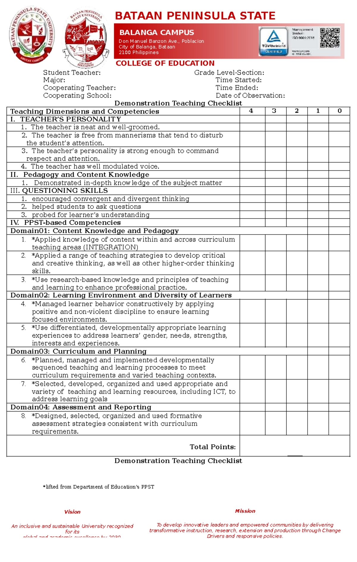 Demo Teaching Checklist for Education Majors - BPSU - Studocu