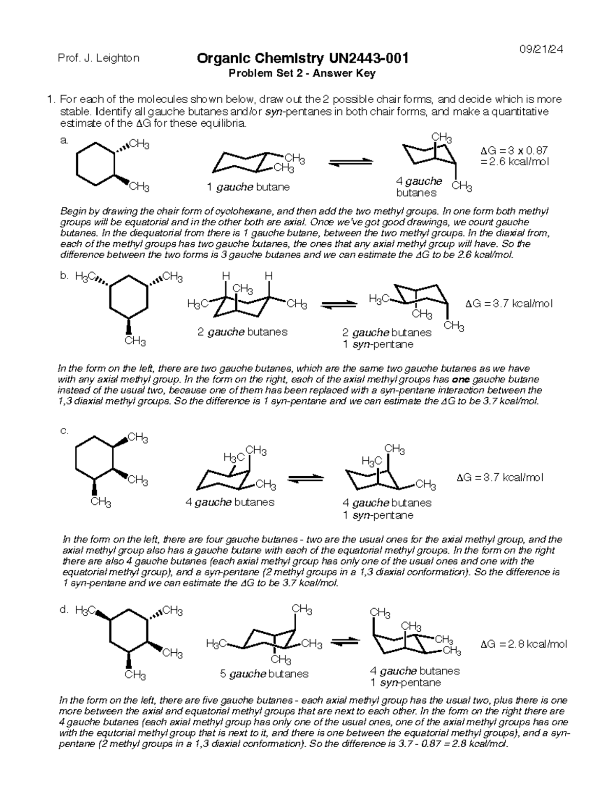 2443 2024 Organic Chemistry Problem Set 2 Answer Key - Studocu