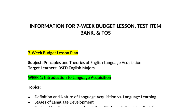 BSED English 101: Budget Lesson Plan & Test Item Bank - Studocu