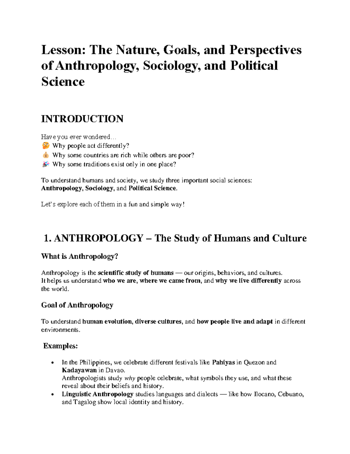 Module 1 UCSP: Lesson on Anthropology, Sociology, and Political Science ...